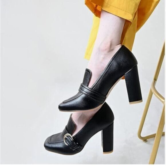 YDN | Shoes | Ydn Black Buckle Chunky High Heels Square Toe Loafer Slip ...